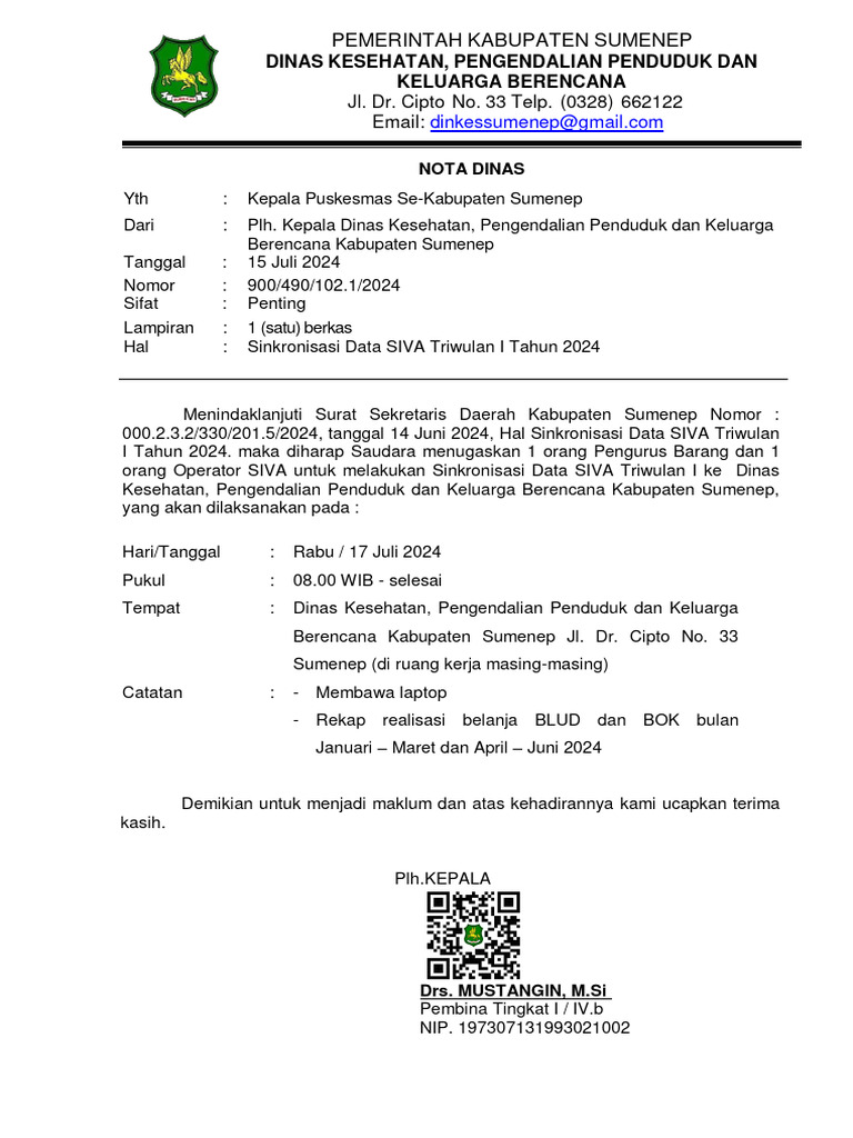 NOTA DINAS SINKRON SIVA 2024 Fix-1 - Signed - Pak IPung 17 Juli 2024 | PDF | Kesehatan Holistik