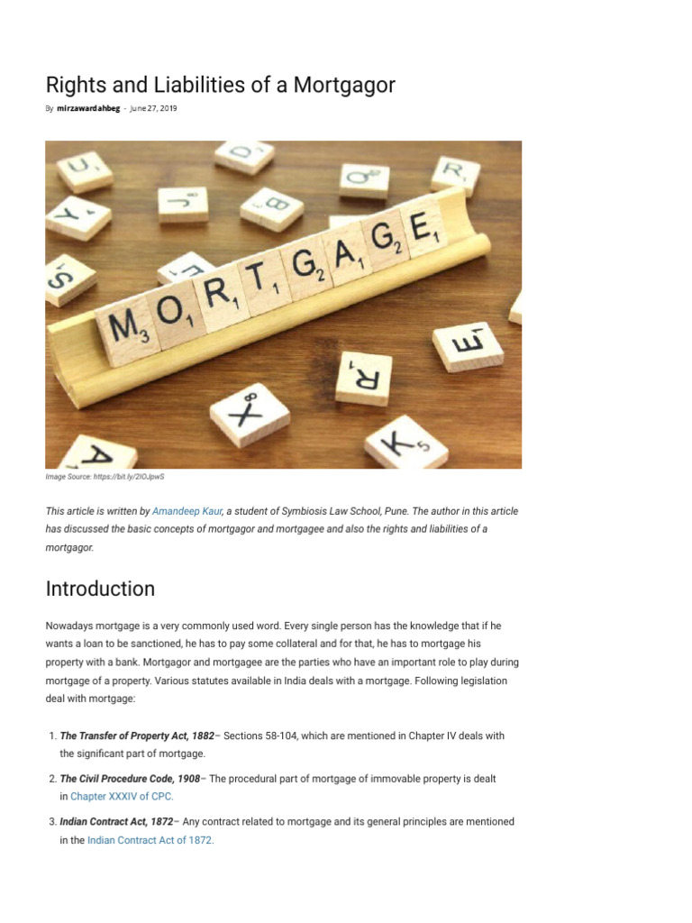Rights and Liabilities of A Mortgagor | PDF | Mortgage Law | Loans