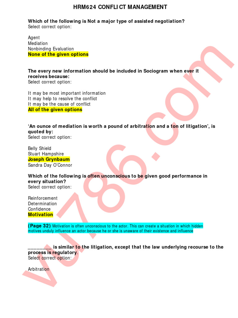 HRM624 Conflict Management Quiz | PDF | Perception | Adjudication