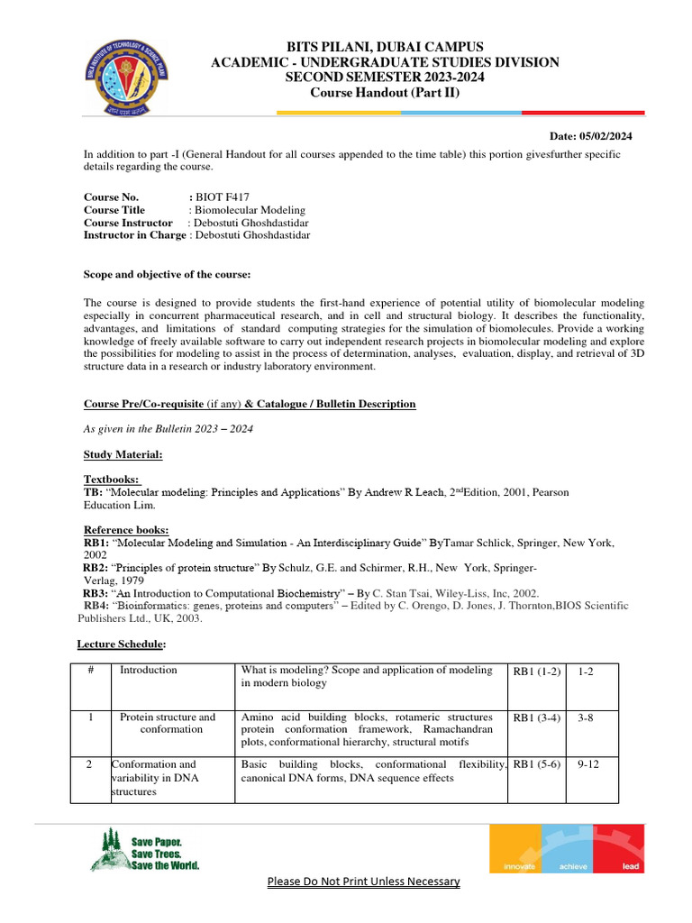 BIOT F417 BITS Pilani Dubai Campus | PDF | Protein Structure | Proteins
