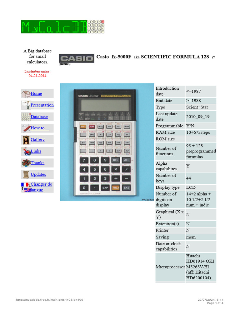 Mycalcdb - Calculator Casio Fx-5000f Aka Scientific Formula 128 | PDF ...