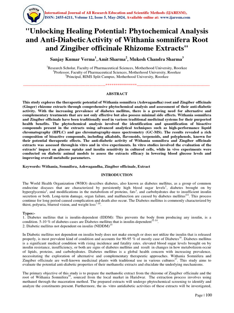 Unlocking Healing Potential: Phytochemical Analysis and Anti-Diabetic Activity of Withania ...