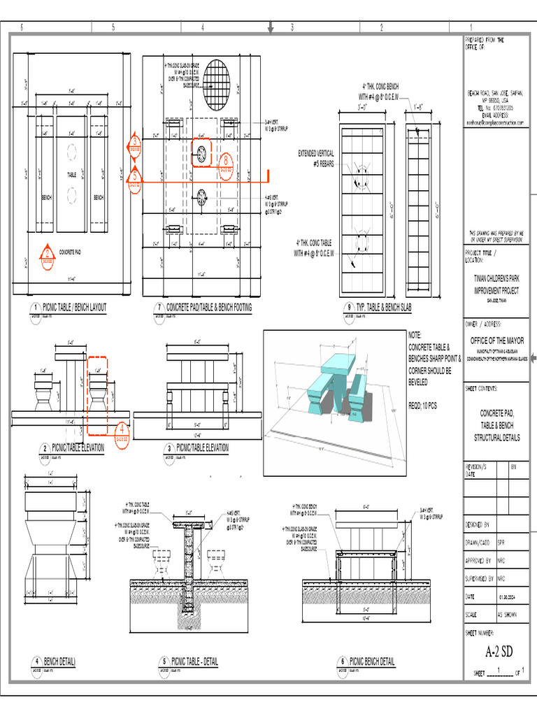Concrete Pad, Table and Bench Structural Shop Drawing | PDF