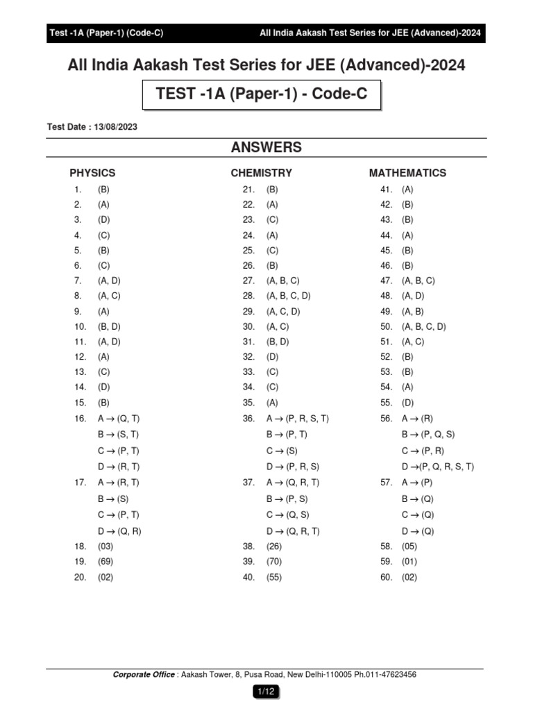 AIATS-1A - Paper-1 - (XII Studying) - 13.08.2023 - Aakash Pattern ...