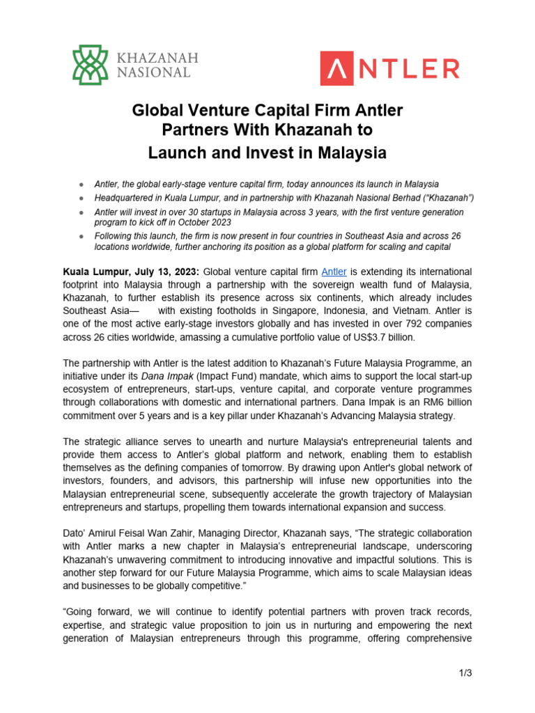 Press Release Global Venture Capital Firm Antler Partners With Khazanah ...