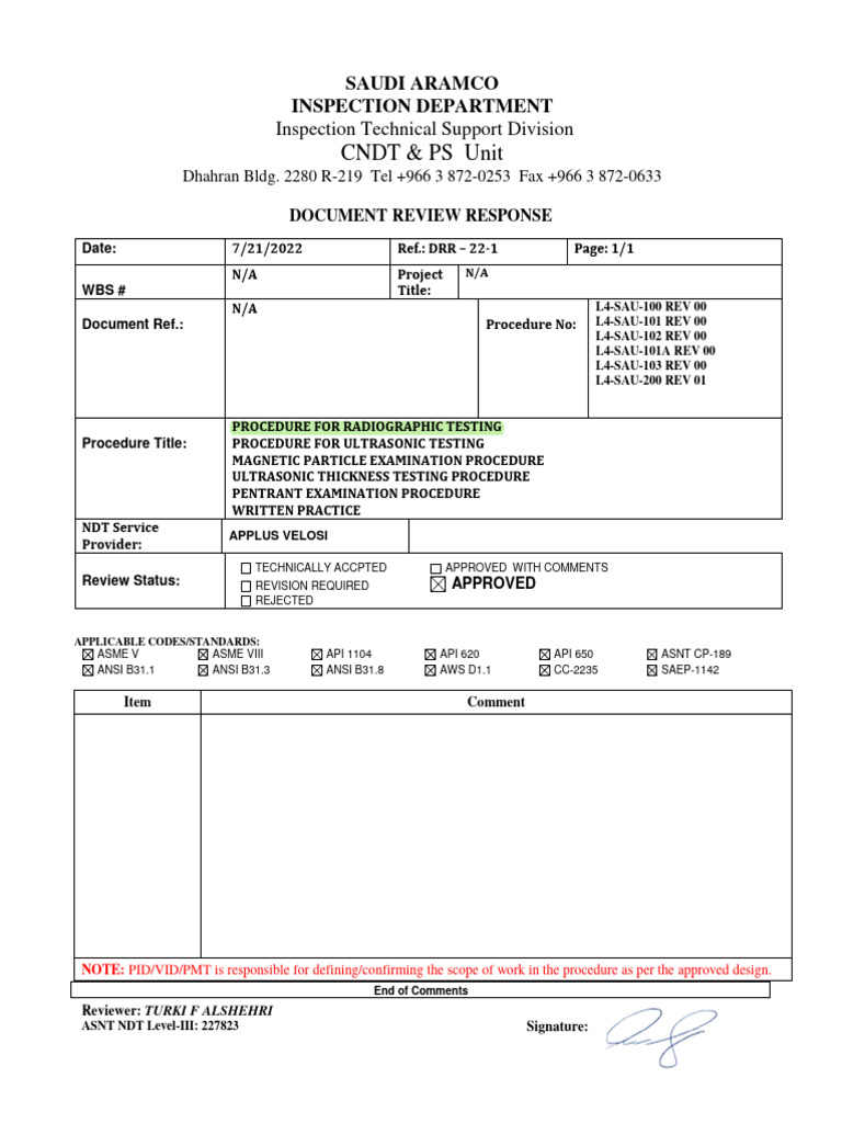 L4-Sau-100 Rev-00 (RT Procedure) | PDF | Nondestructive Testing | Quality