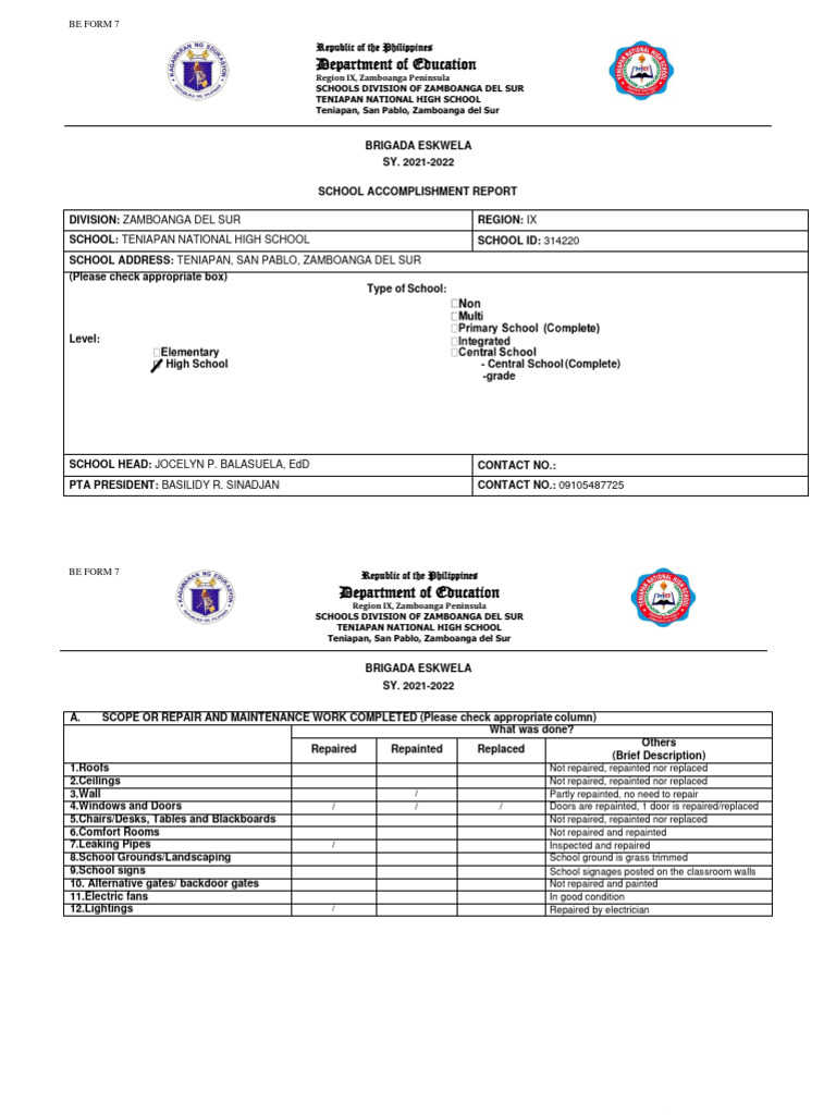 BE-Form 7 - School Accomplishment Report | PDF