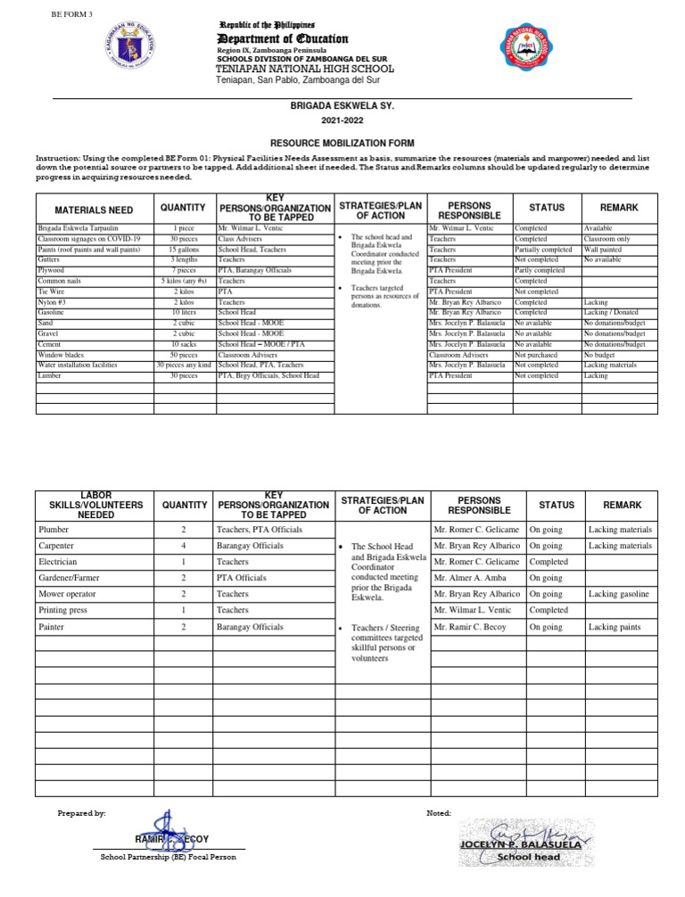 BE-Form 3 - Resource Mobilization | PDF