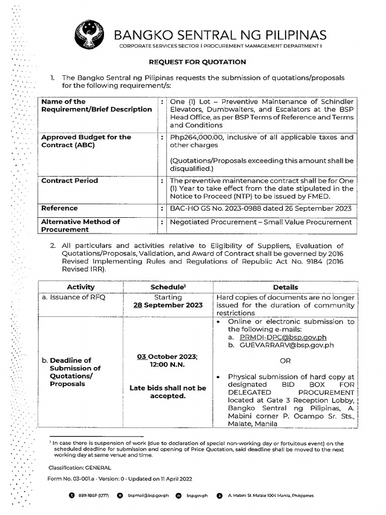 RFQ_PM Schindler Elevators Dumbwaiters Escalators_2nd Posting_F | PDF ...
