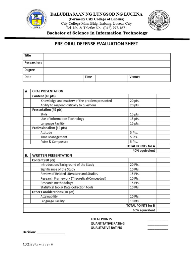 Form 3 Pre Oral Defense Evaluation Sheet PODES | PDF | Inquiry | Cognition