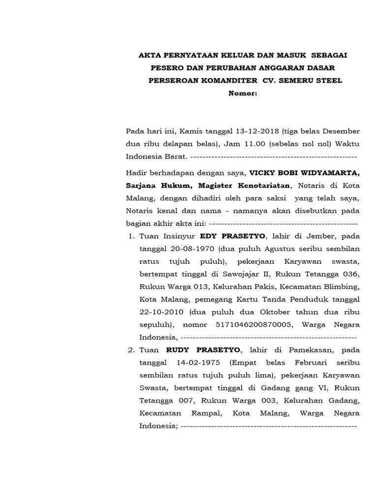 Akta Keluar Masuk CV (Uas) | PDF | Hukum