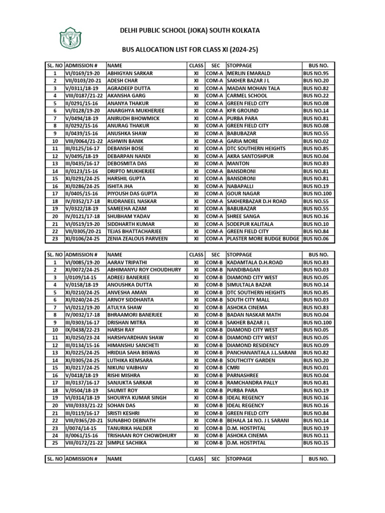 Bus Allocation List For Class Xi (Session 2024-25) | PDF