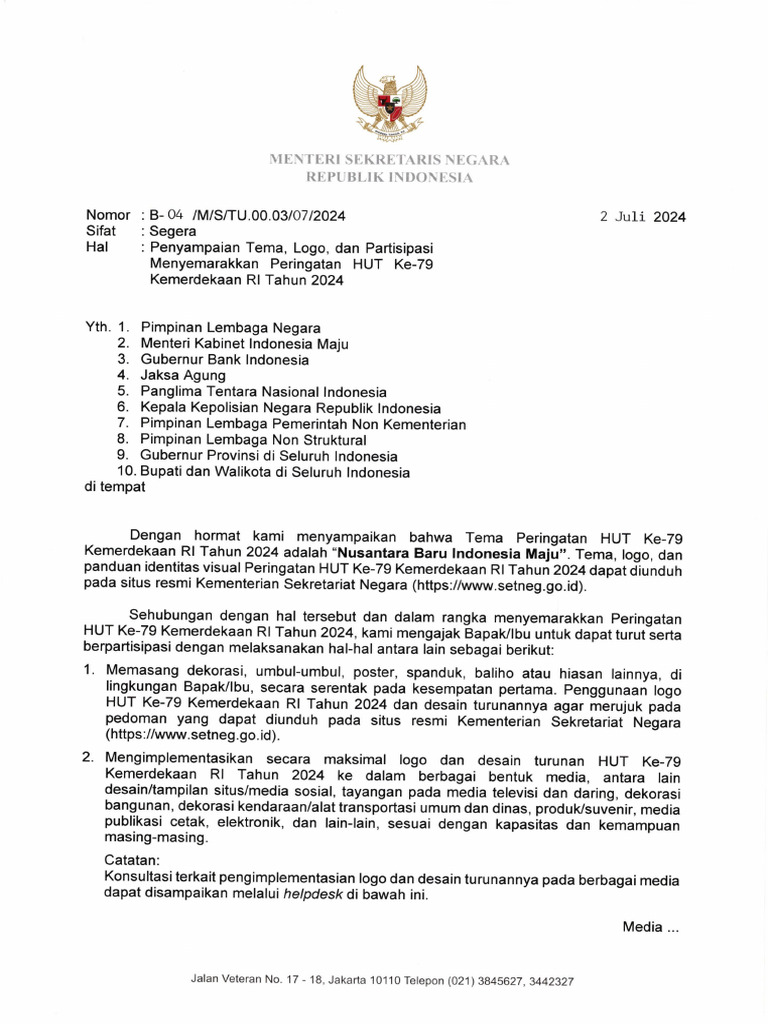 Surat Edaran Menteri Sekretaris Negara Tentang Penyampaian Tema Dan Logo HUT Ke-79 Kemerdekaan ...