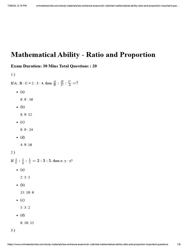 Study Materials - Law Entrance Exams - Oti Clat - Clat Mathematical Ability Ratio and Proportion ...