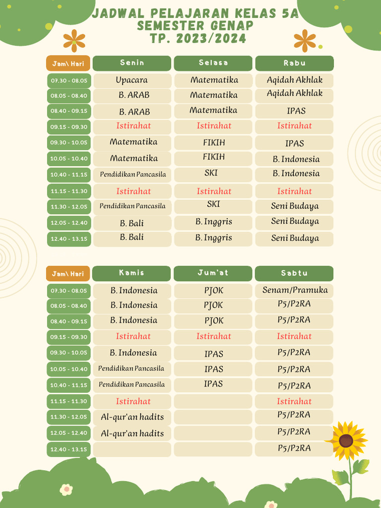 Jadwal Pelajaran Kelas Estetik Lucu Krem Hijau Coklat | PDF