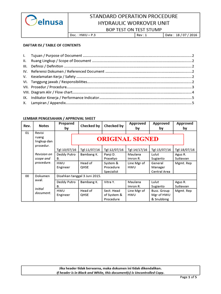 HWU - P.3. SOP BOP Test On Test Stump Rev | PDF