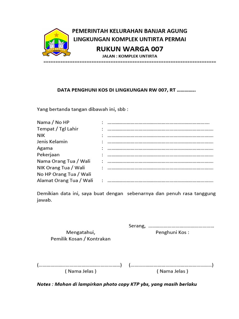 02 - 02 - Formulir Data Penghuni Kosan RW 007 | PDF