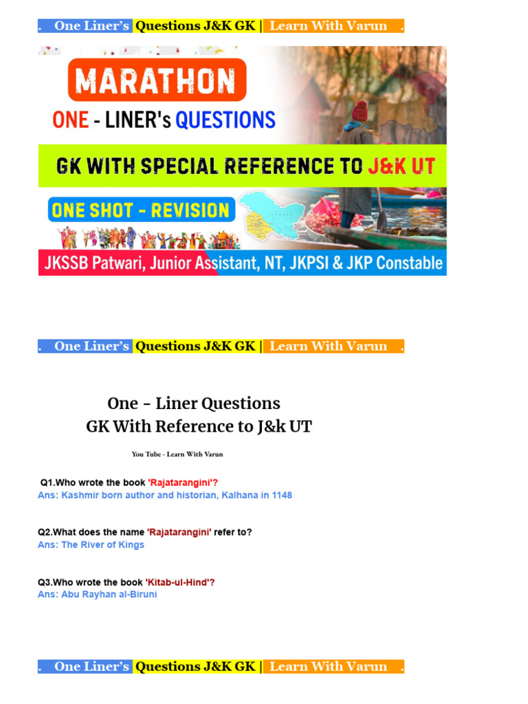 One liners J&K GK via Learnwithvarun | PDF | Kashmir