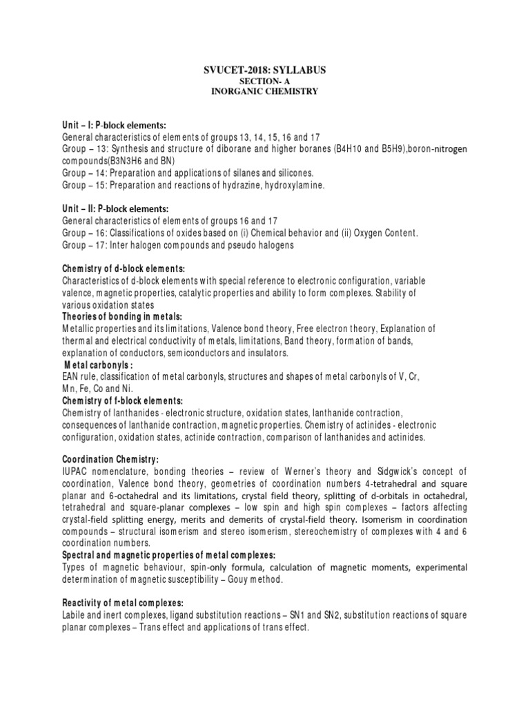 SVUCET-2018 Inorganic & Physical Chemistry Syllabus | PDF | Amine ...