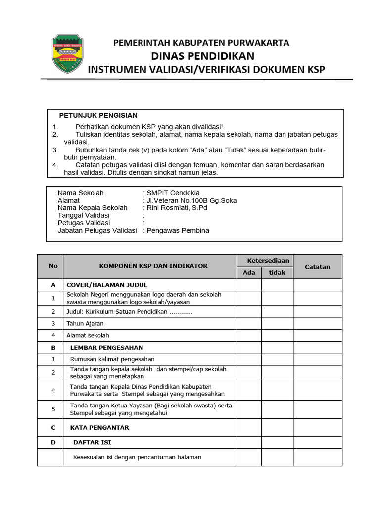 Instrumen Validasi KSP SMP Kab. Purwakarta 2024 | PDF | Bisnis | Seni