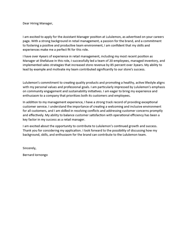 Cover Letter For Assistant Manager at Lululemon | PDF | Career & Growth ...