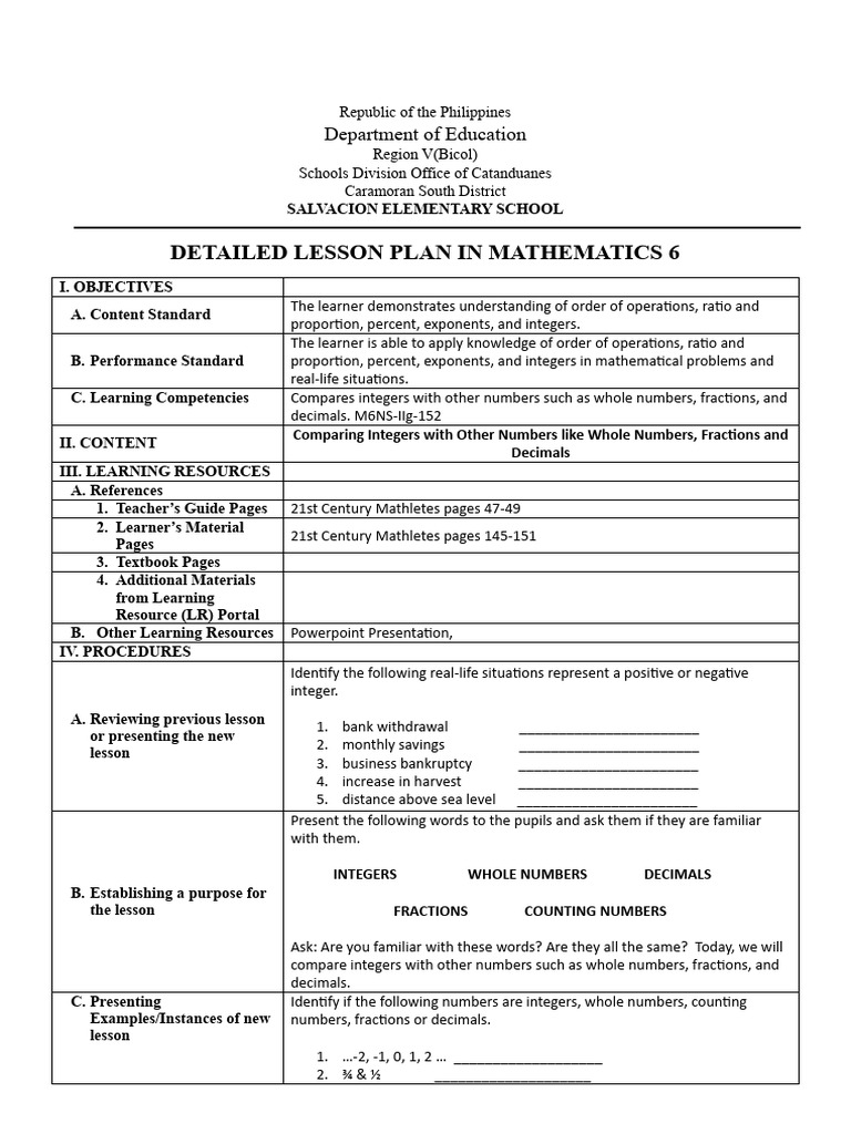 Detailed Lesson Plan in Mathematics 6 Co2 | PDF | Numbers | Integer