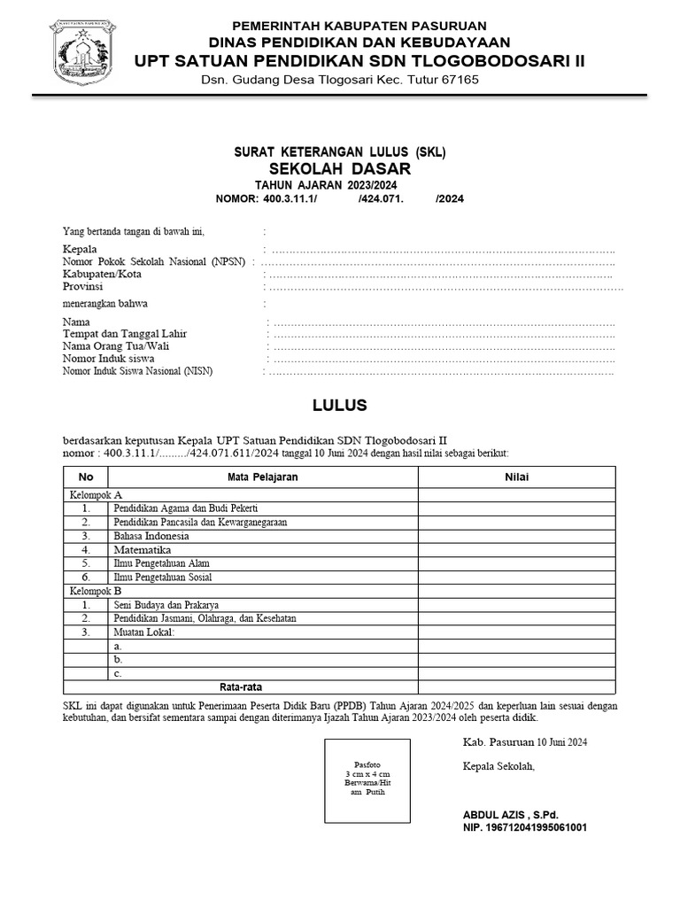 Contoh Format SKL SD 1 | PDF