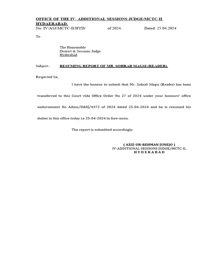 Resuming and Relieving Reports Hyderabad | PDF | Judge | Justice