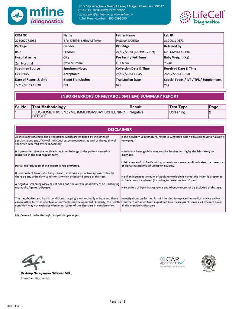 Newborn Metabolic Screening Report | PDF | Thyroid Stimulating Hormone ...