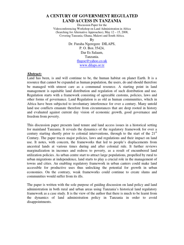 A CENTURY OF GOVERNMENT REGULATED Land Access in Tanzania | PDF ...