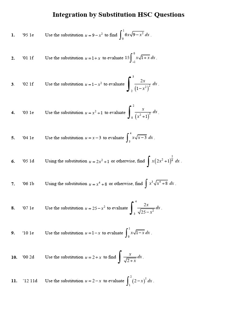 HSC Integration by Substitution Questions | PDF | Calculus | Area