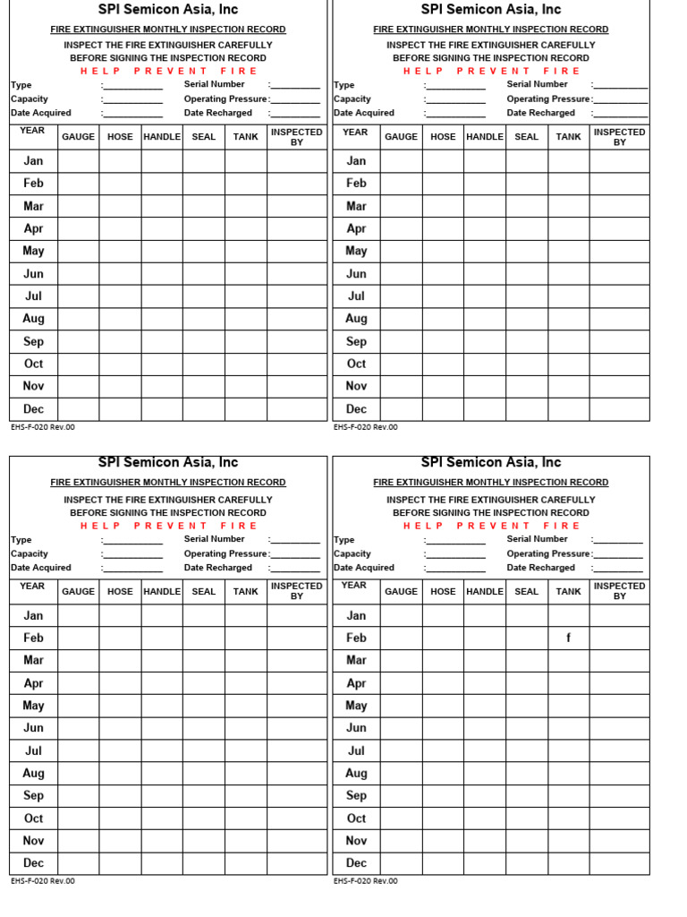 EHS-F-020 Rev.00 Fire Extinguisher Monthly Inspection Record | PDF