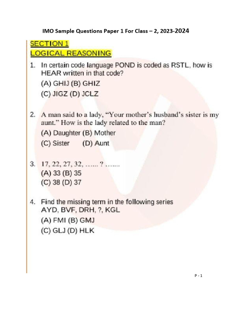IMO Sample Questions Paper 1 For Class | PDF
