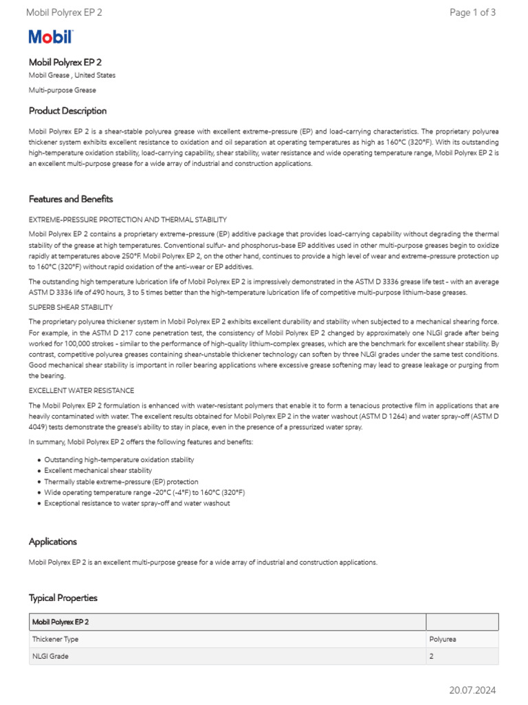 GL XX Mobil Polyrex EP 2 | PDF | Materials | Chemical Substances