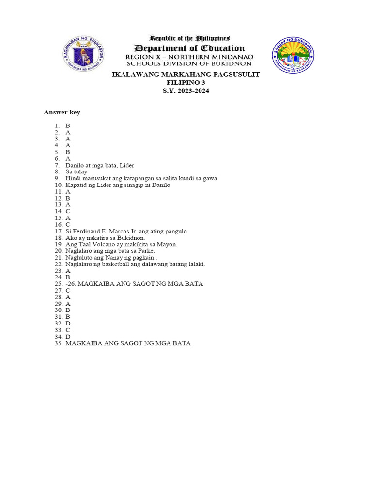 Filipino3-Q2-Answer Key | PDF