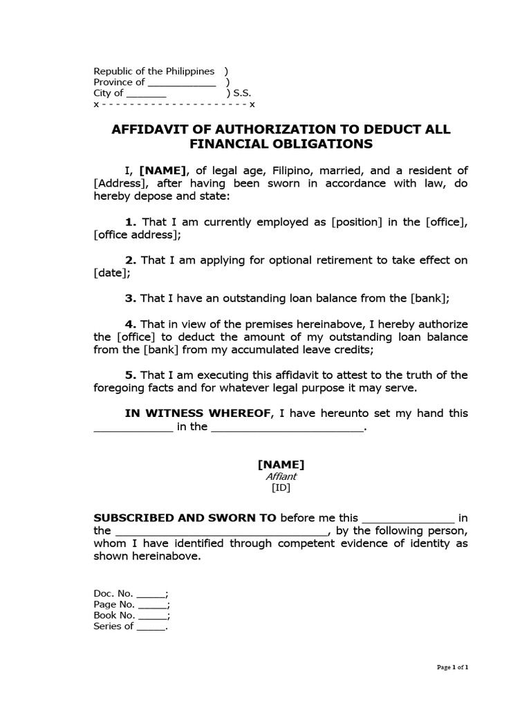 Sample Affidavit of Authority To Deduct | PDF | Law