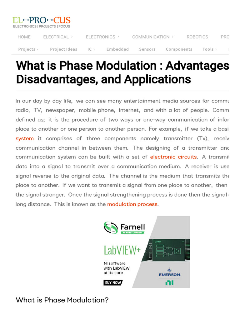 Phase Modulation Forms Advantages Disadvantages And Applications Pdf Telecommunications