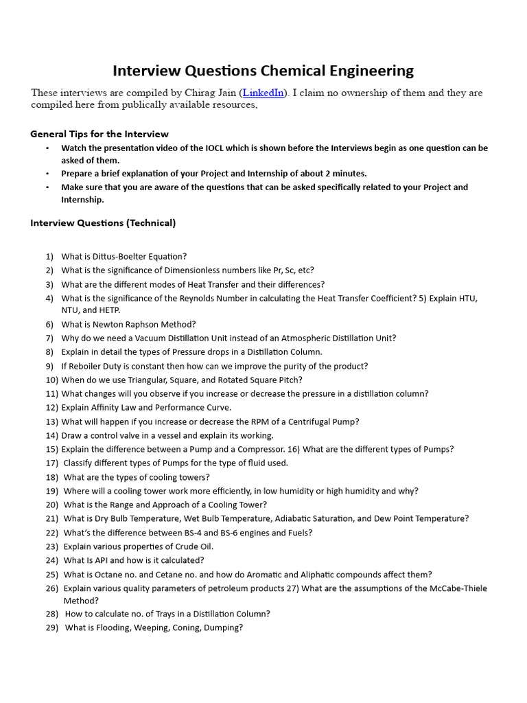 Chemical Engineering Interview Questions | PDF | Pump | Heat Exchanger
