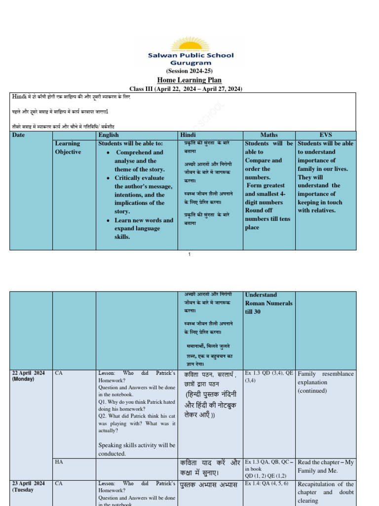 Grade III Home Lesson Plan | PDF | Learning | Cognition