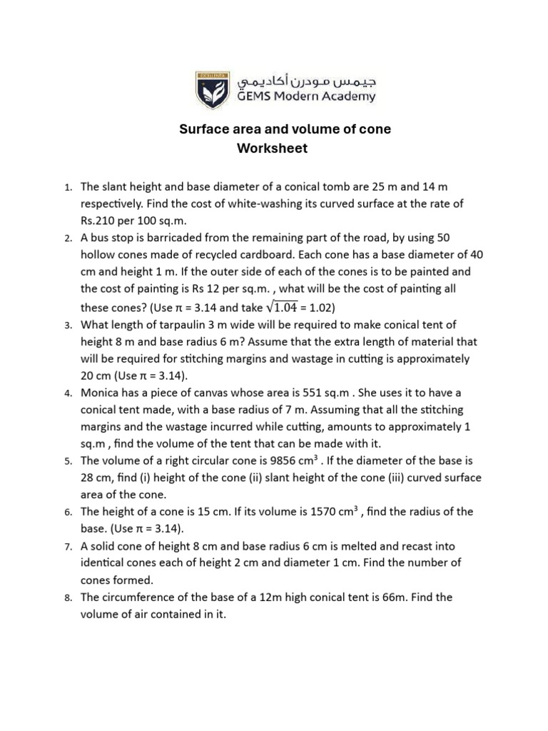 Surface Area and Volume of Cone Worksheet 1 | PDF