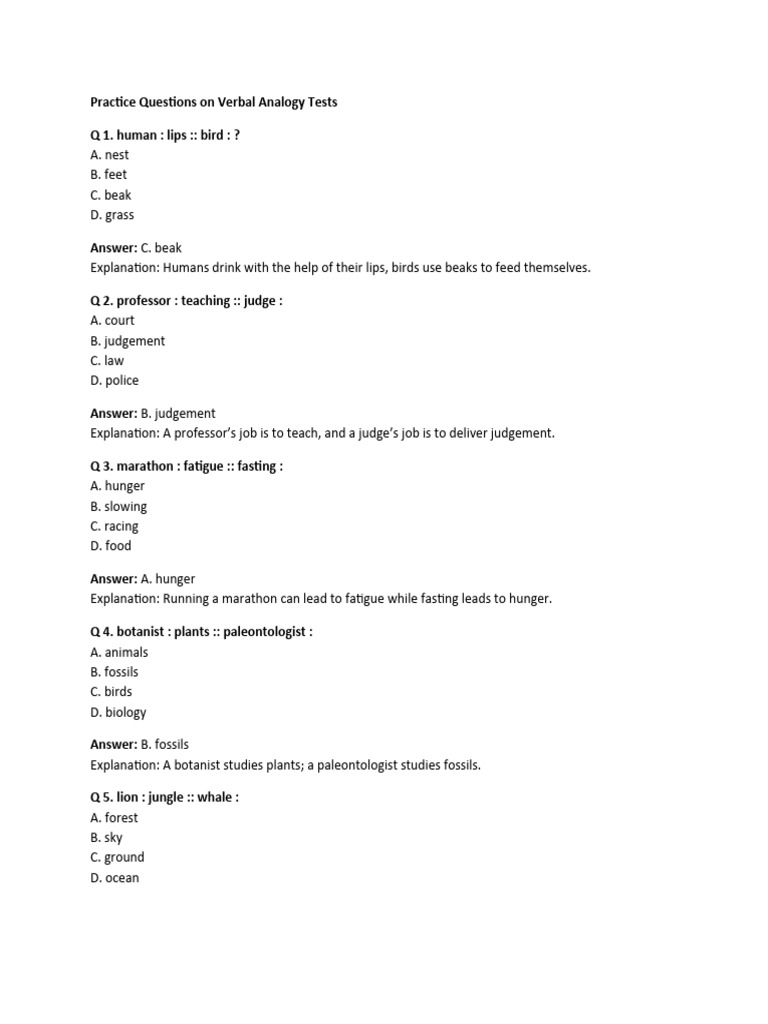 Verbal Analogy Practice Questions | PDF | Teaching Methods & Materials