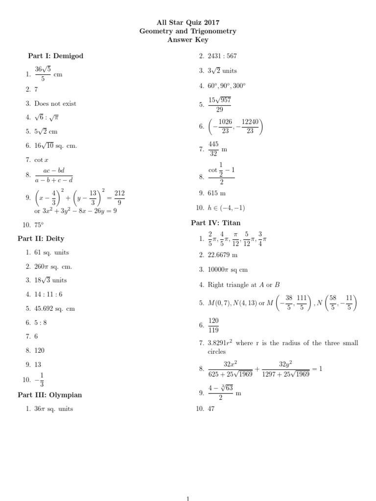 (Mathematics) All Star Quiz 2017 Geometry & Trigo Answer Key | PDF ...