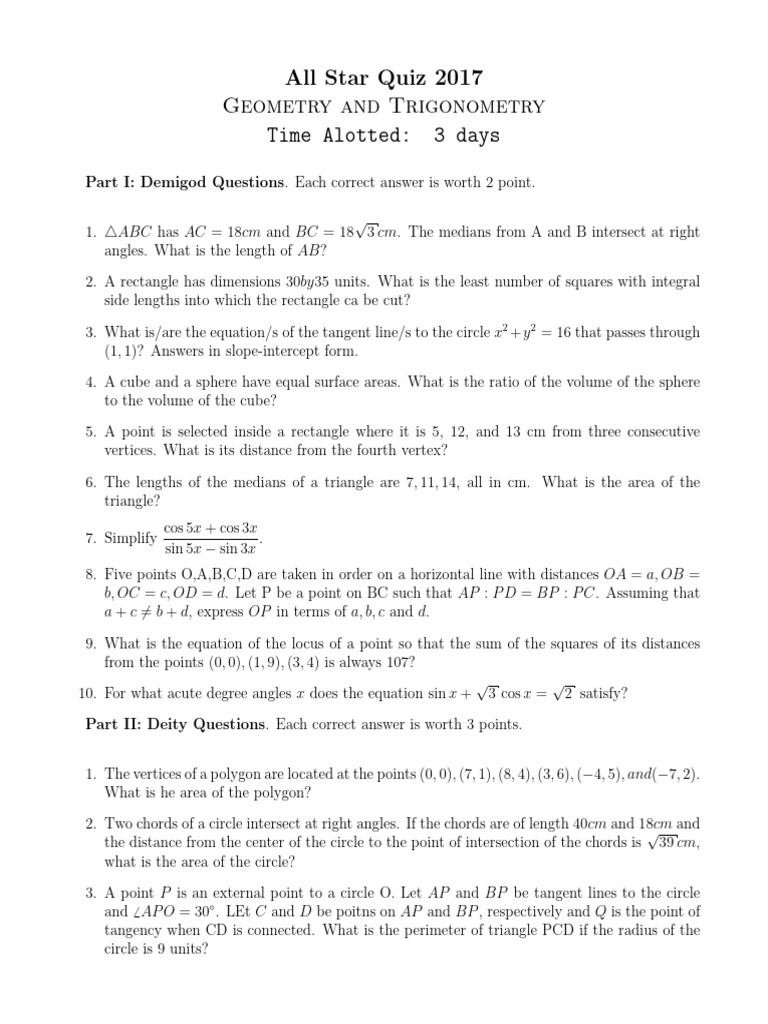 All Star Quiz 2017: Geometry & Trigonometry | PDF | Circle | Triangle