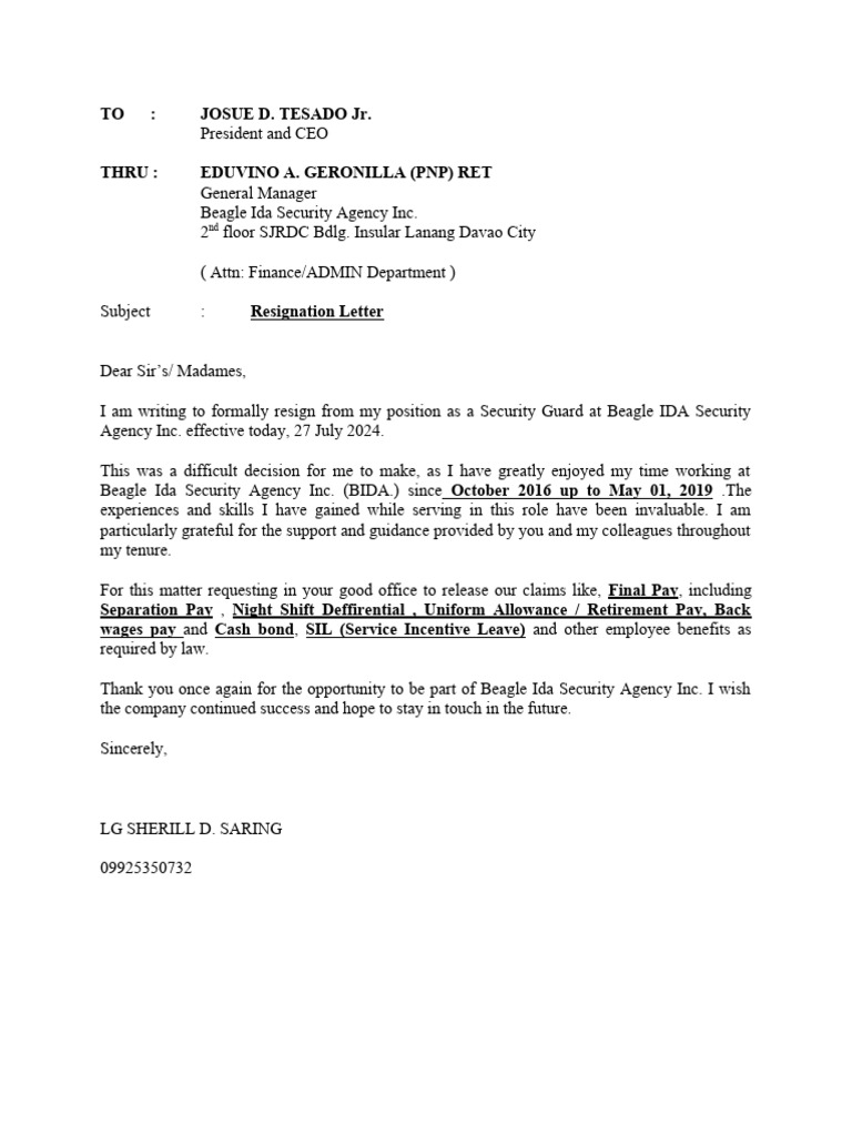 Security Guard Resignation Letter | PDF | Employment | Labor Relations