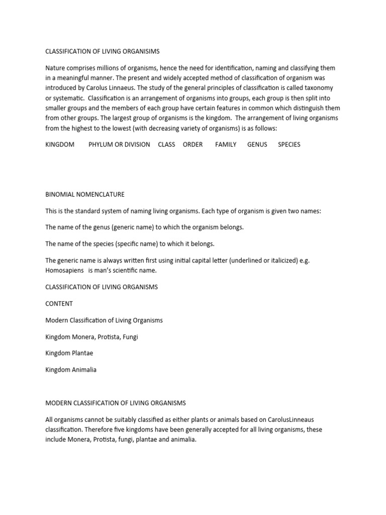 Classification OF LIVING ORGANISMS | PDF | Tissue (Biology) | Taxonomy ...