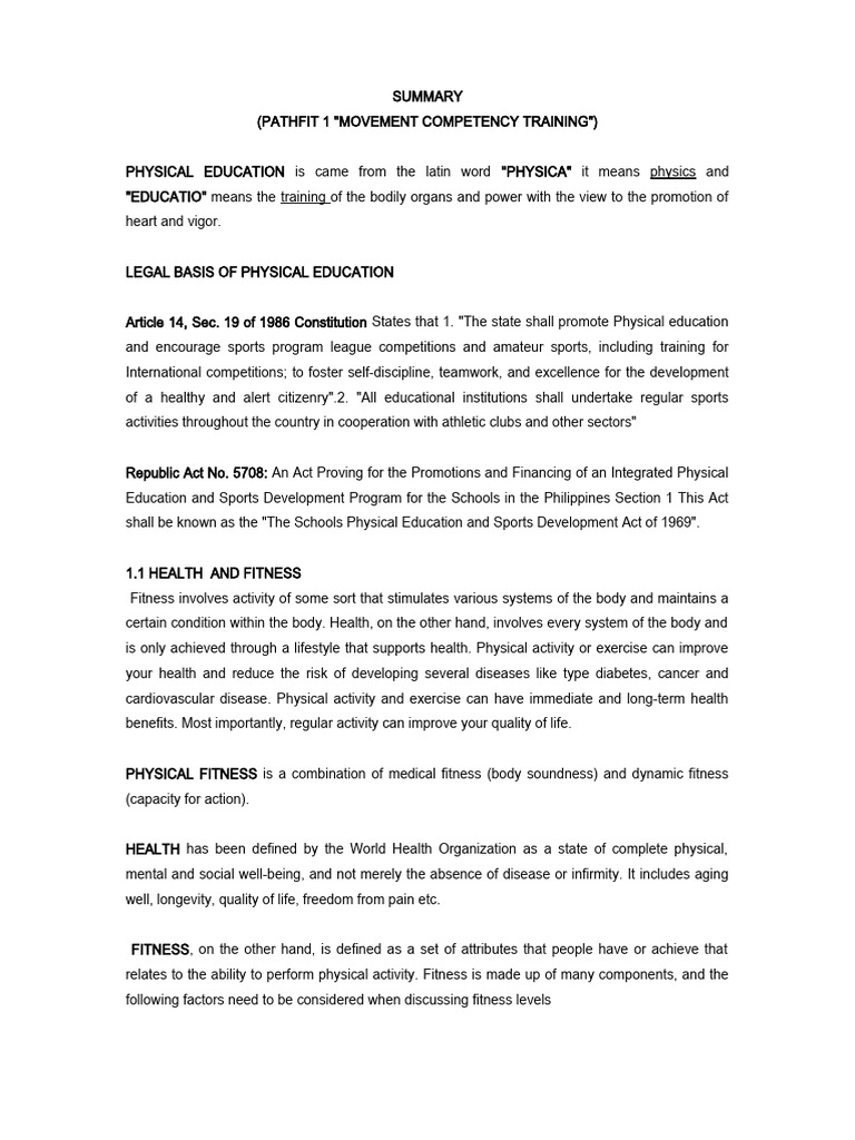 Summary. Pathfit 1 | PDF | Physical Fitness | Muscle
