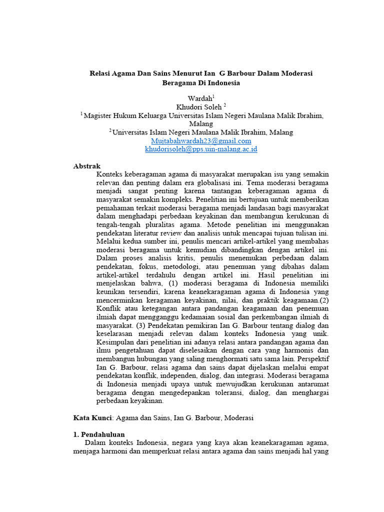Relasi Agama Dan Sains Menurut Ian G Barbour Dalam Moderasi Beragama | PDF