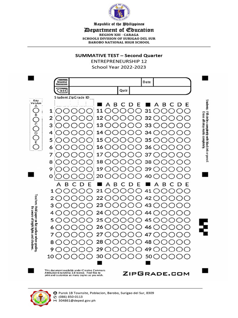 ENTREP SUMMATIVE ANSWER SHEET 2022-2023 | PDF