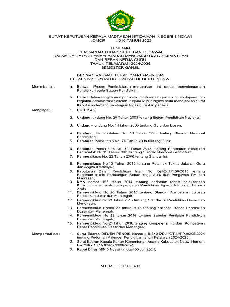 SK Pembagian Tugas 2425-Ganjil | PDF