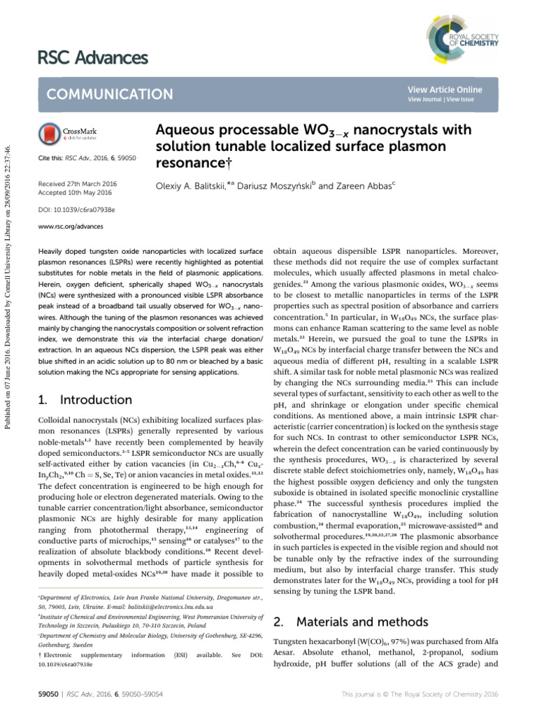 Aqueous Processable WO3 X Nanocrystals With Solution Tunable Localized ... Aqueous Processable WO3 X Nanocrystals With Solution Tunable Localized ...